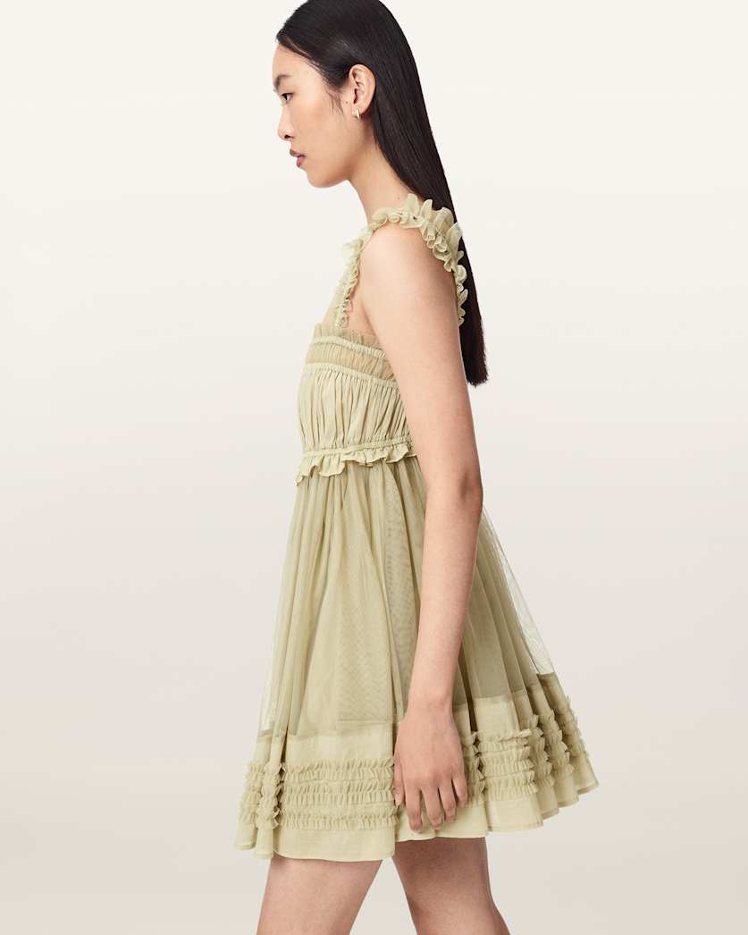 Angela Gathered Frill Mini Dress HAZE GREEN | ALLSAINTS
